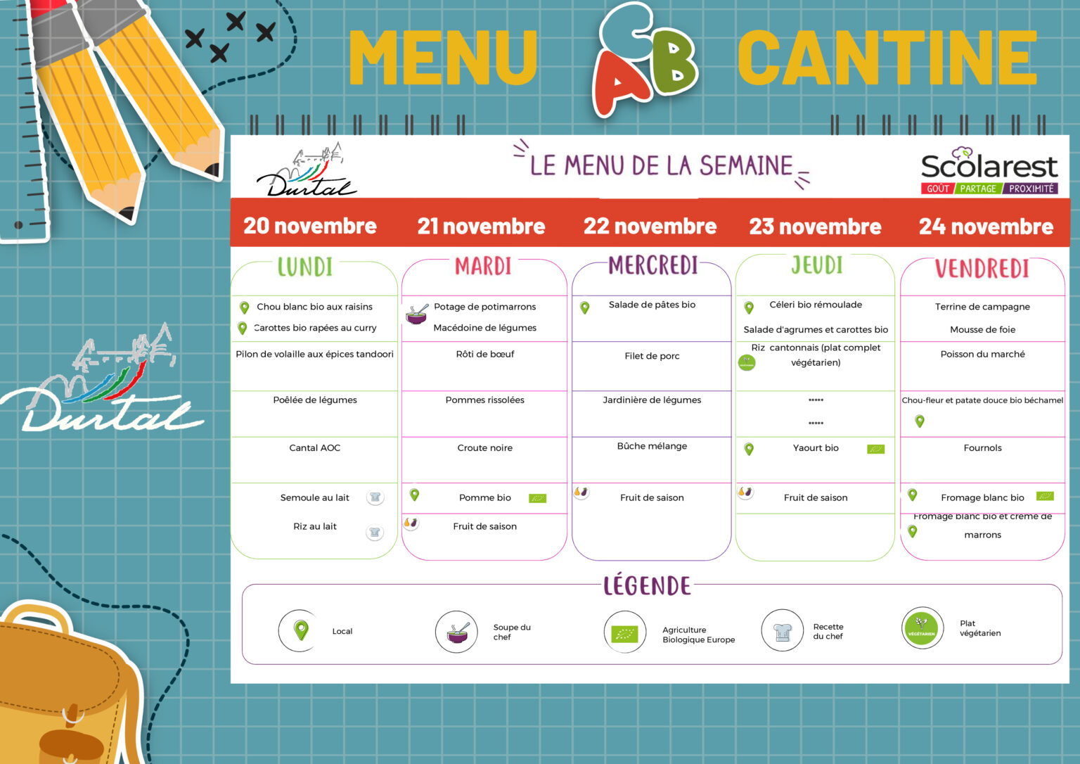 Menu de la restauration scolaire de la semaine du 20 au 24 novembre ...